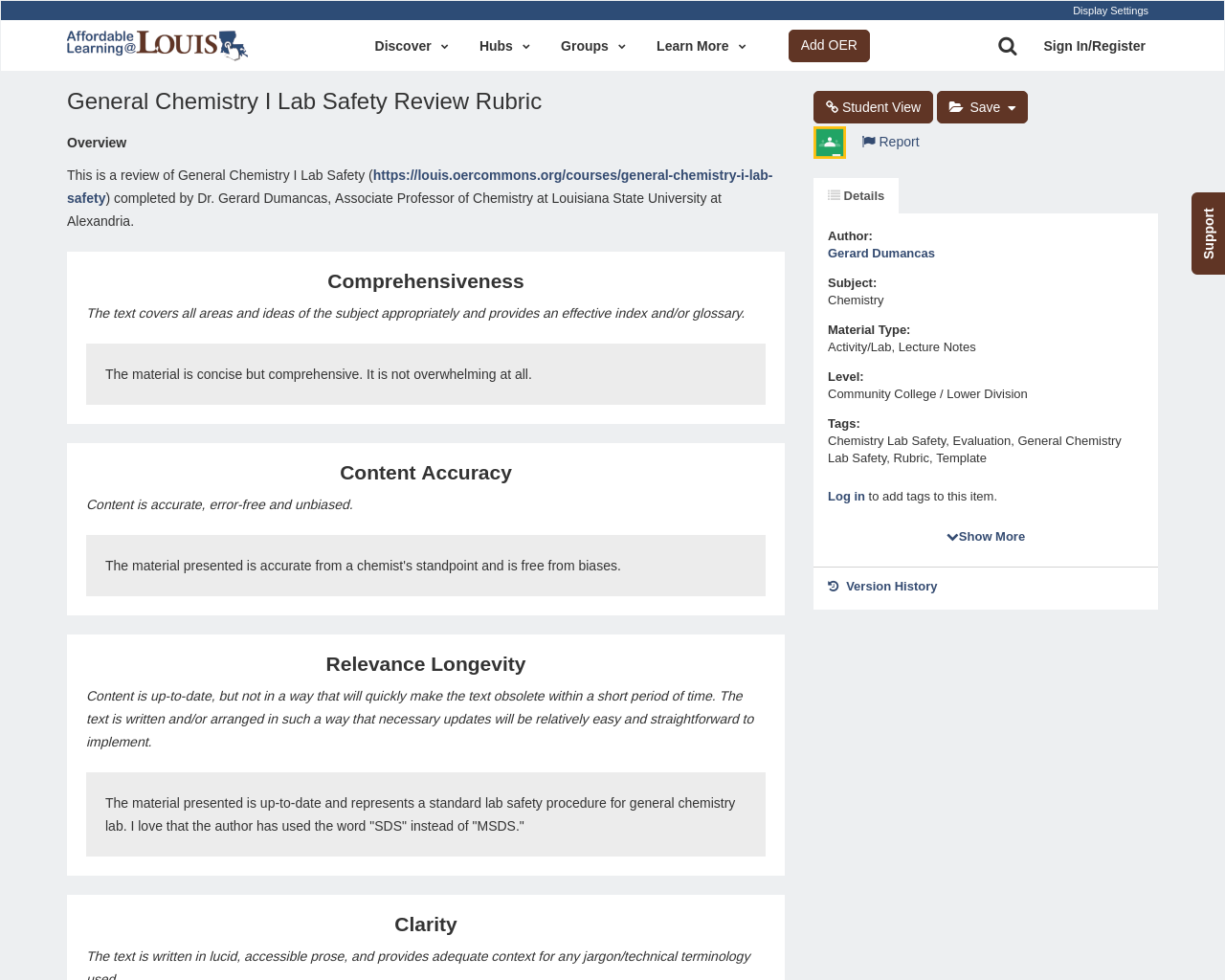 General Chemistry I Lab Safety Review Rubric | OER Repository ...