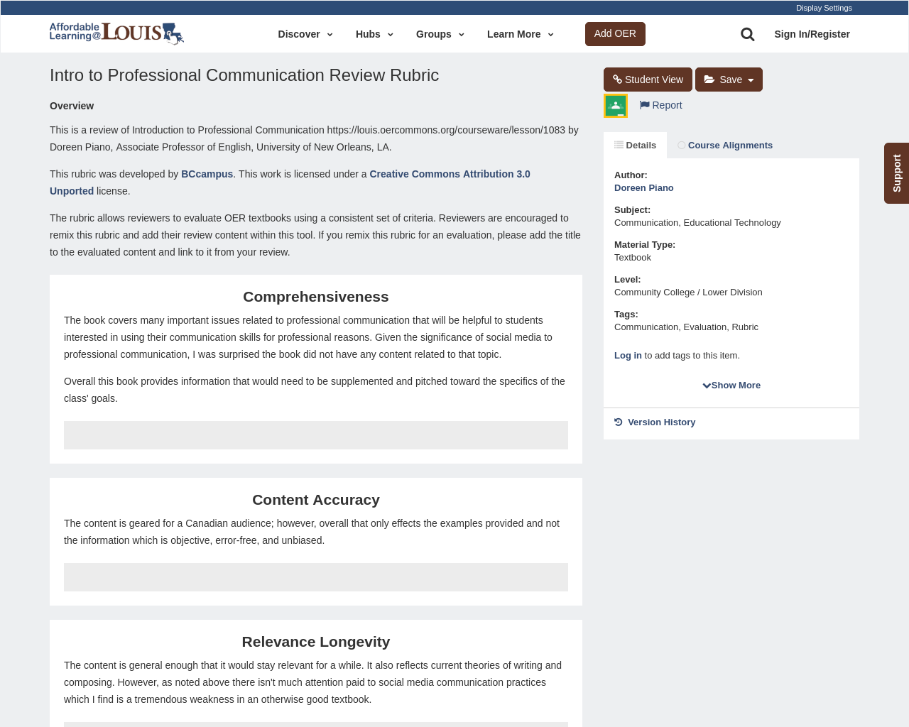 Intro to Professional Communication Review Rubric | OER Repository ...